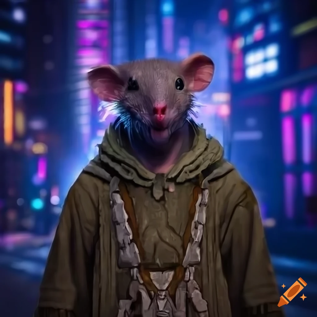 Portrait of humanoid rat male in druid clothes in a cyberpunk night ...