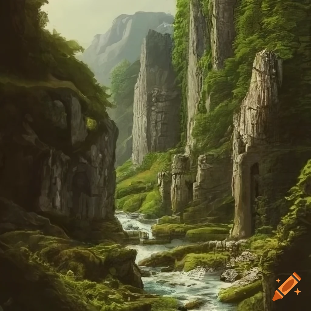 Top-down view of vast castles and ruins on rocky cliffs surrounded by lush forests and craggy ...