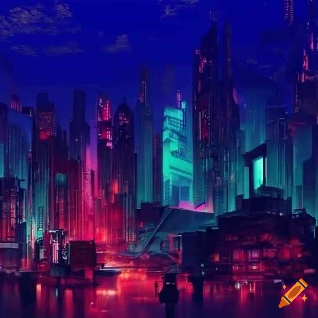 Detailed cyberpunk metropolis in green, blue, red, pink, and orange ...