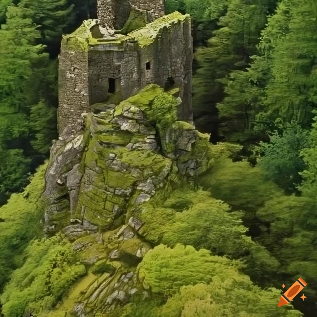 Top-down view of vast castles and ruins in lush forest with meandering paths and rocky cliffs on ...