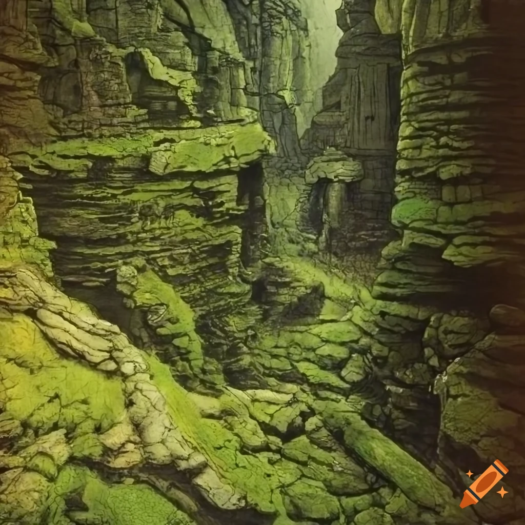 Top-down view of giant overgrown ruins among lush forest and rocky cliffs in a northern setting ...