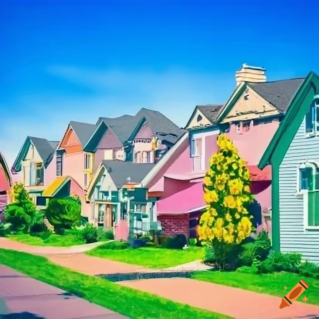 Crystal vision of dreamcore suburban neighborhood with pastel houses ...