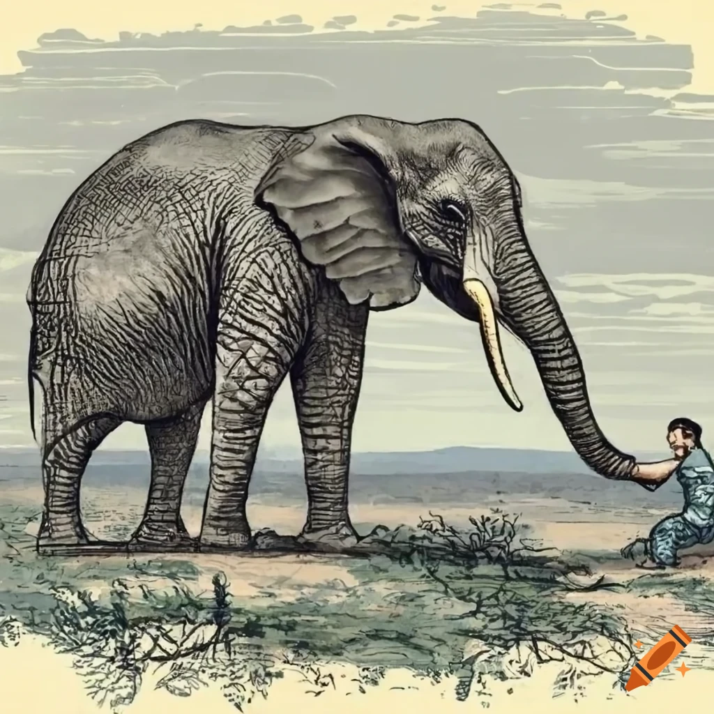 Vintage drawing of a man admiring an elephant in African nature on Craiyon