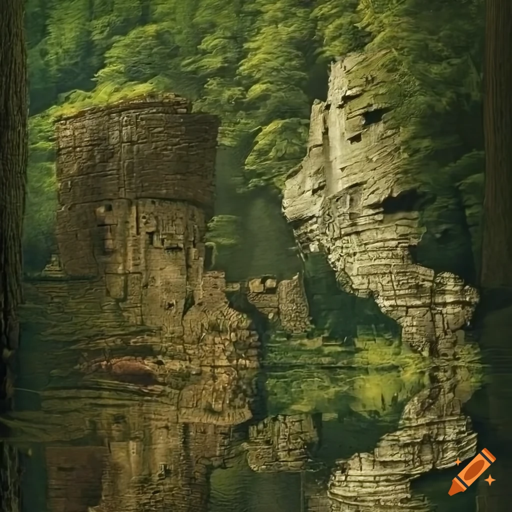 Top-down view of vast castles and ruins in lush forest with meandering paths and rocky cliffs on ...