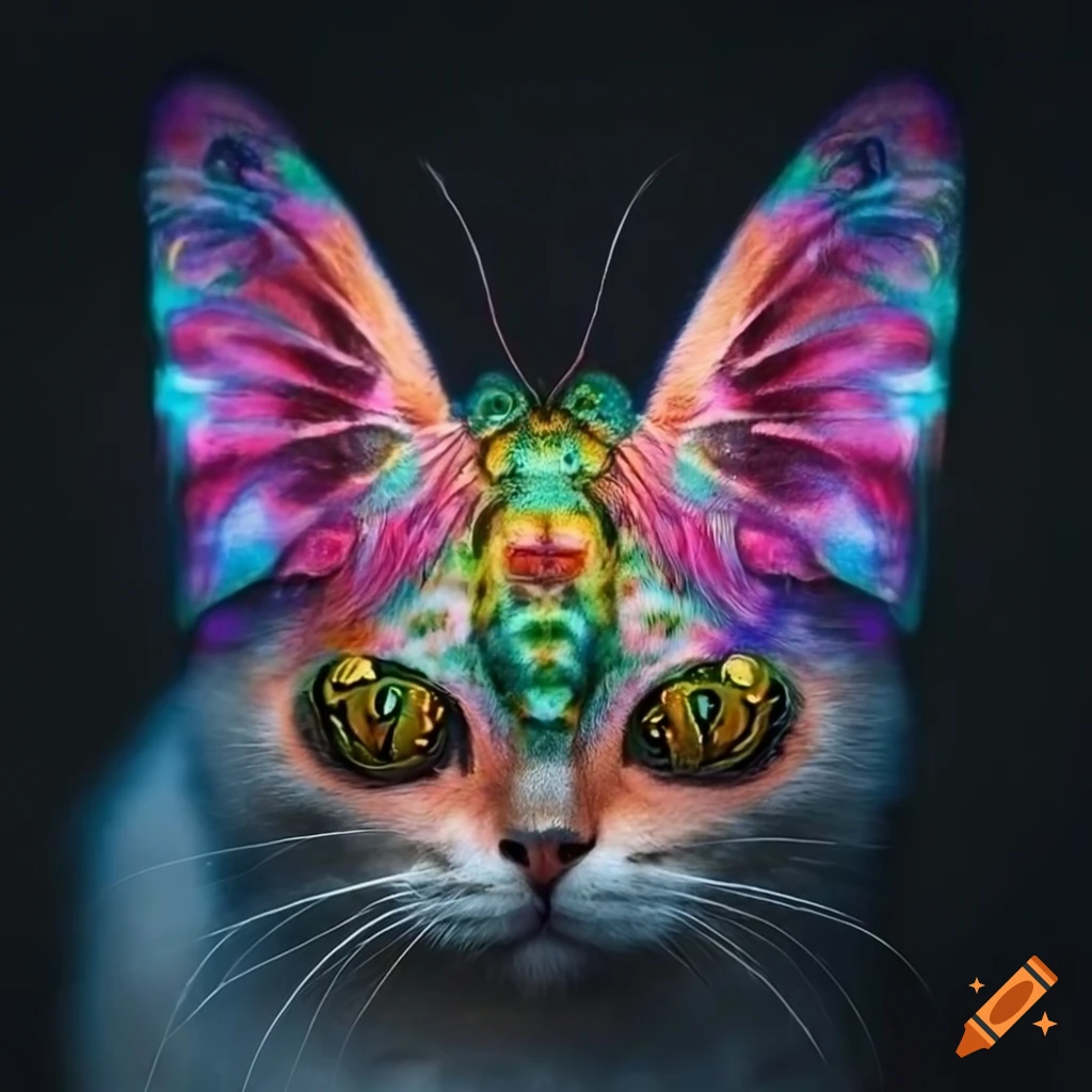 Whimsical cat-like creature with colorful moth wings on Craiyon