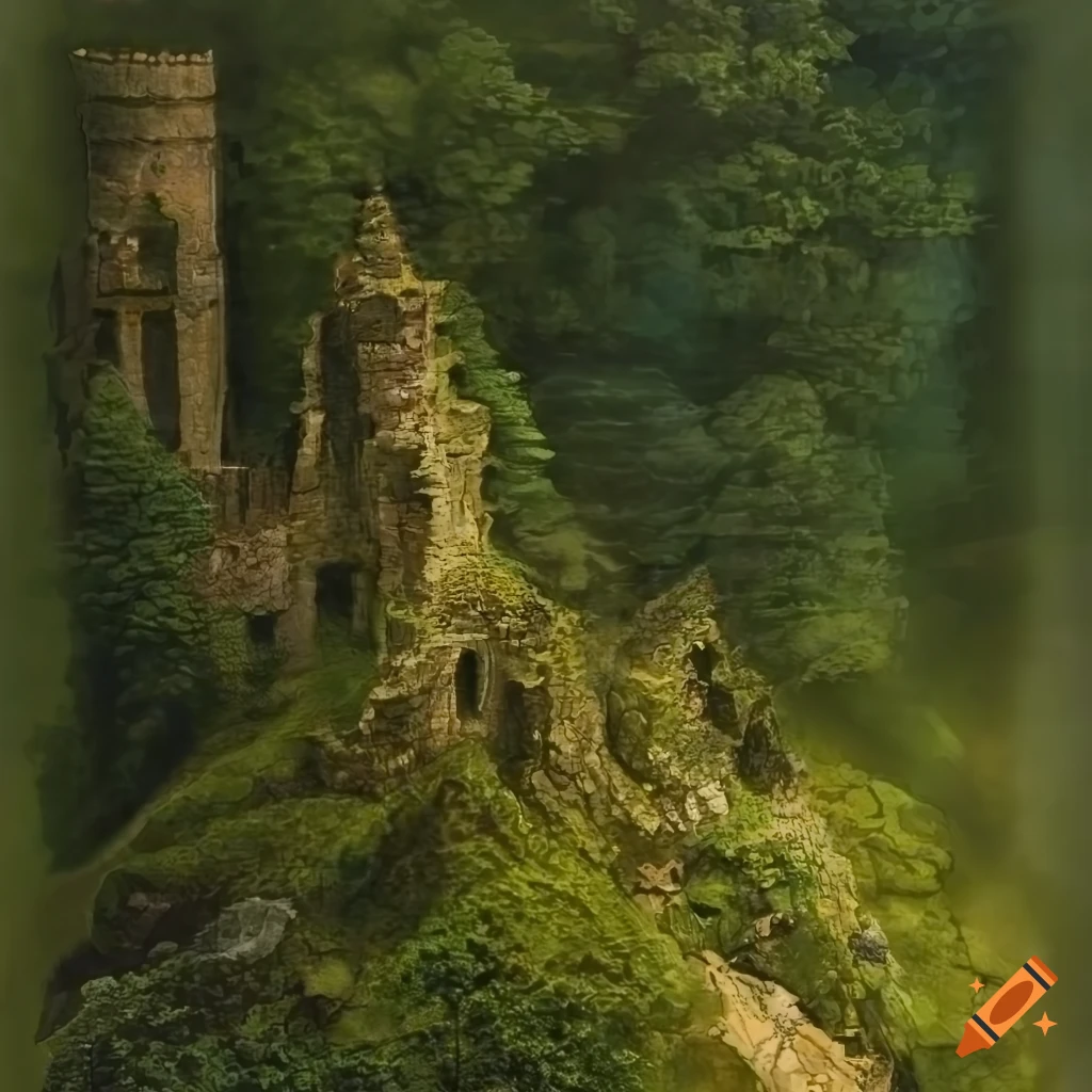 Top-down view of vast overgrown castles and ruins in a lush forest with rocky cliffs on Craiyon