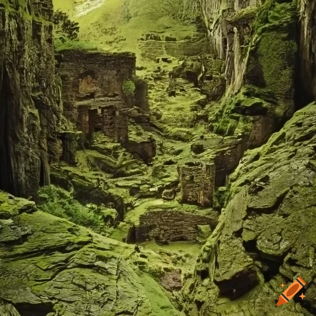 Top-down view of giant overgrown ruins among lush forest and rocky cliffs in a northern setting ...