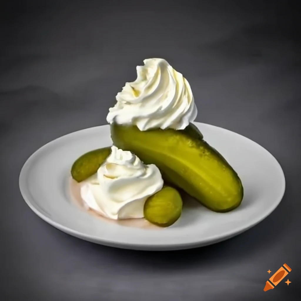 Pickle topped with whipped cream garnish on Craiyon