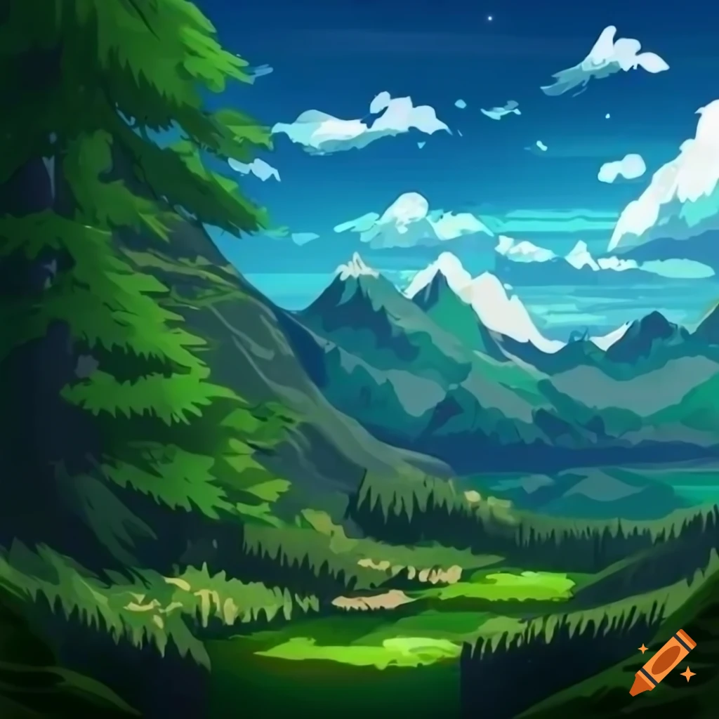 Scenic forest with distant mountains and a small lake in anime style on ...