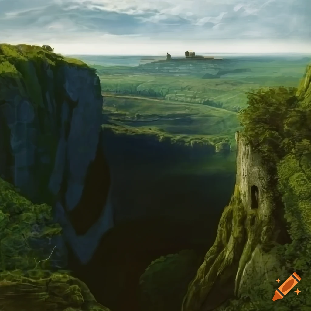 Top-down view of vast castles, ruins, overgrown paths, lush forests, and rocky cliffs in a ...