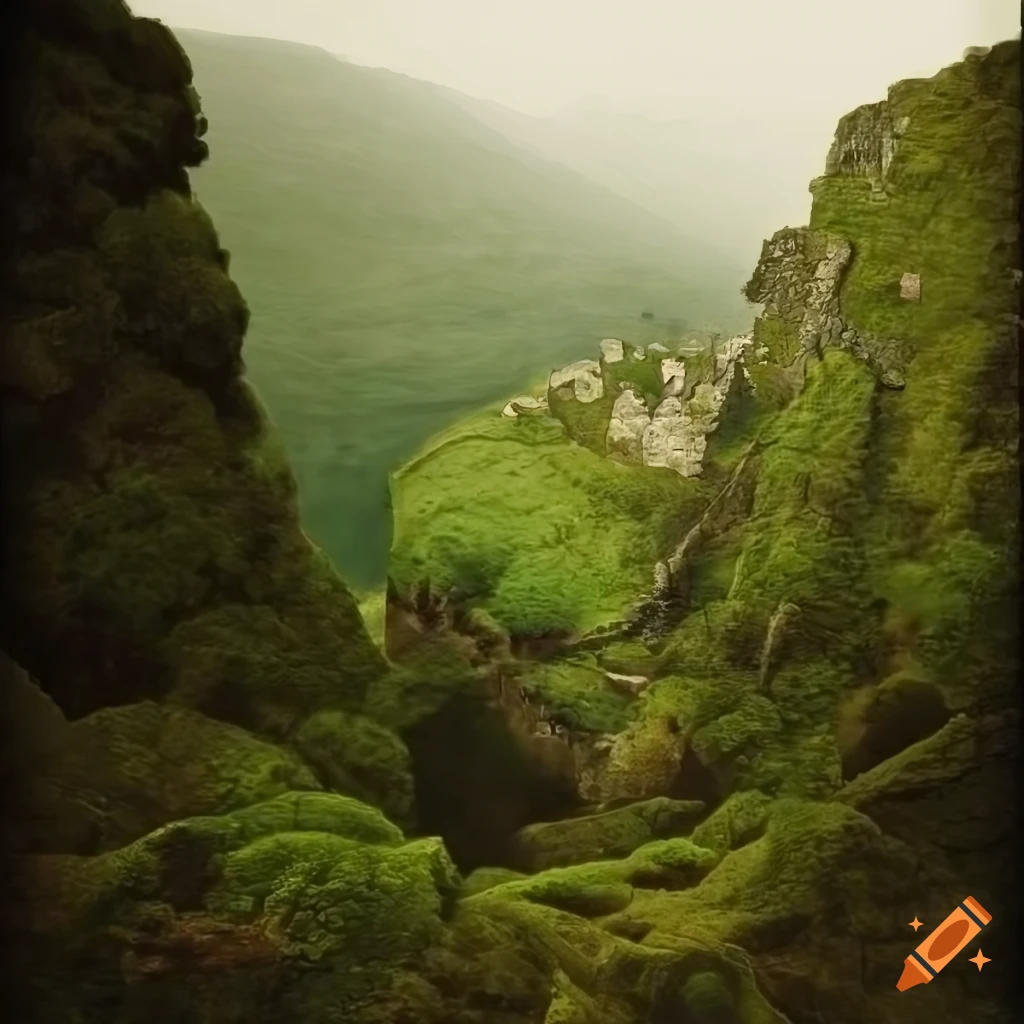 Top-down view of vast overgrown castles and ruins in a lush forest with rocky cliffs on Craiyon