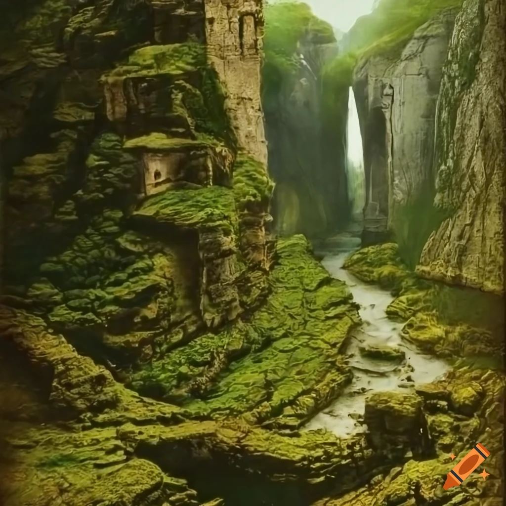 Aerial view of vast castles and ruins in a lush forest with rocky cliffs in a northern nature ...