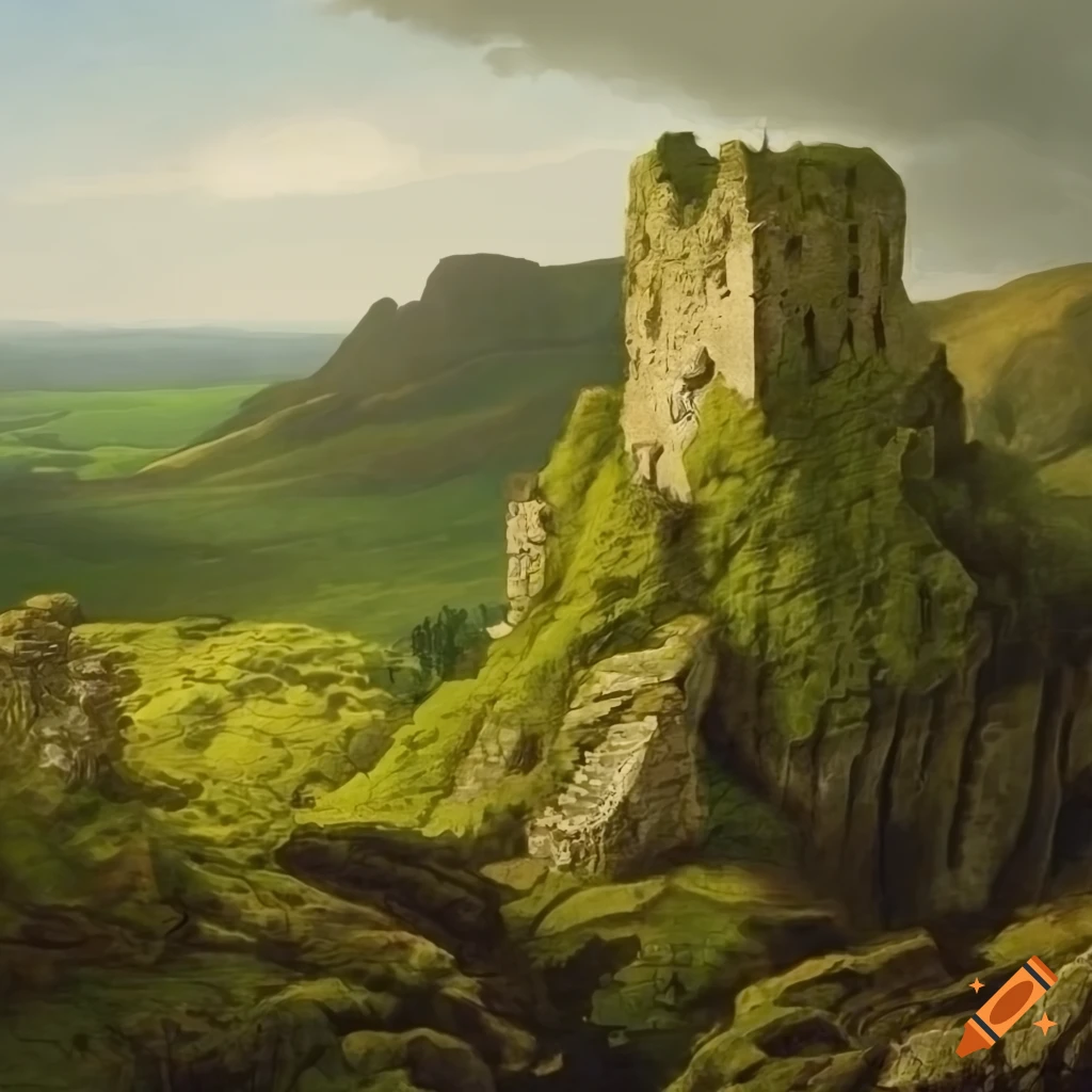 Top-down view of vast castles and ruins in lush forest with meandering paths and rocky cliffs on ...