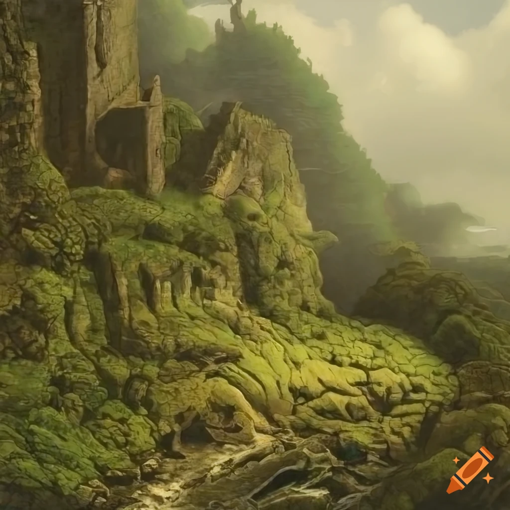 Top-down view of vast castles, ruins, overgrown paths, lush forests, and rocky cliffs in a ...