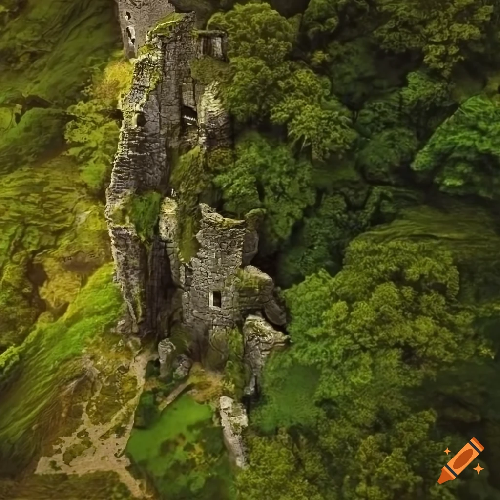 Bird's eye view of vast overgrown castles and ruins in lush forest with rocky cliffs on Craiyon
