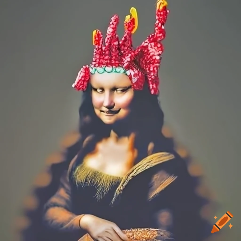 Creative mona lisa with a humorous chicken headpiece on Craiyon