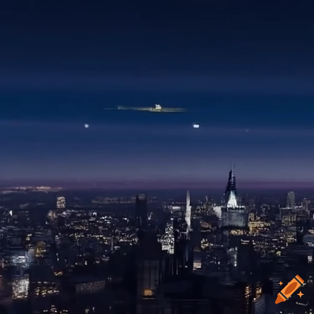 Numerous UFOs hovering above a UK city in a spectacular scene on Craiyon