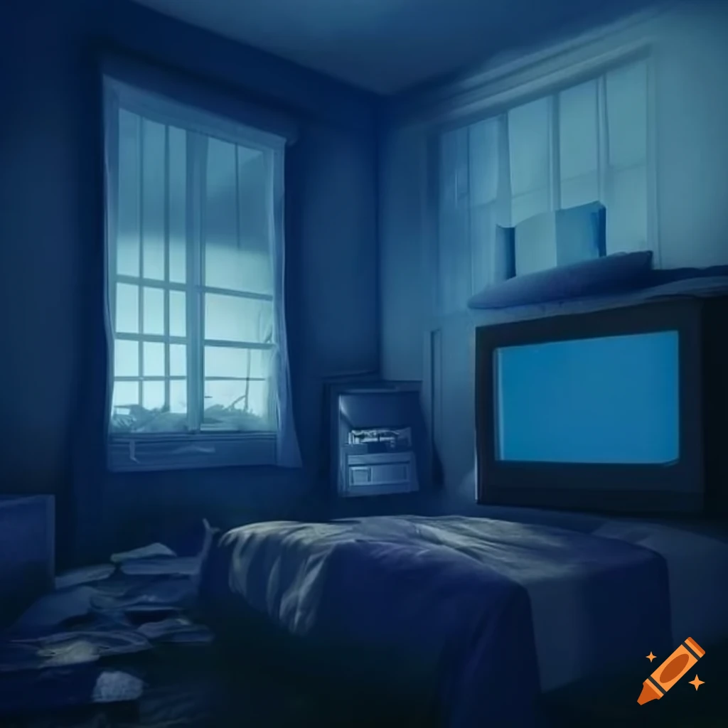 Creepy realistic bedroom with blue tones and a TV on Craiyon