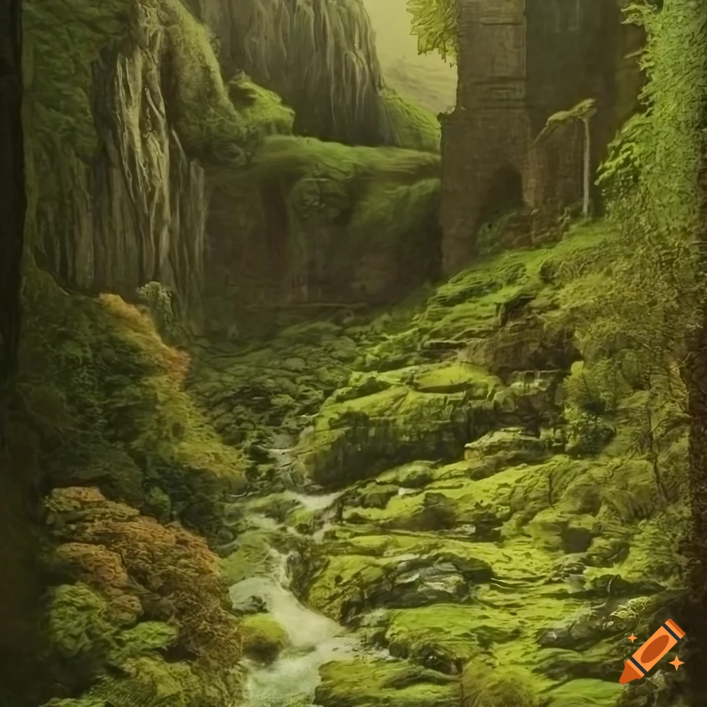 Top-down view of vast castle ruins in lush forest with rocky cliffs on Craiyon