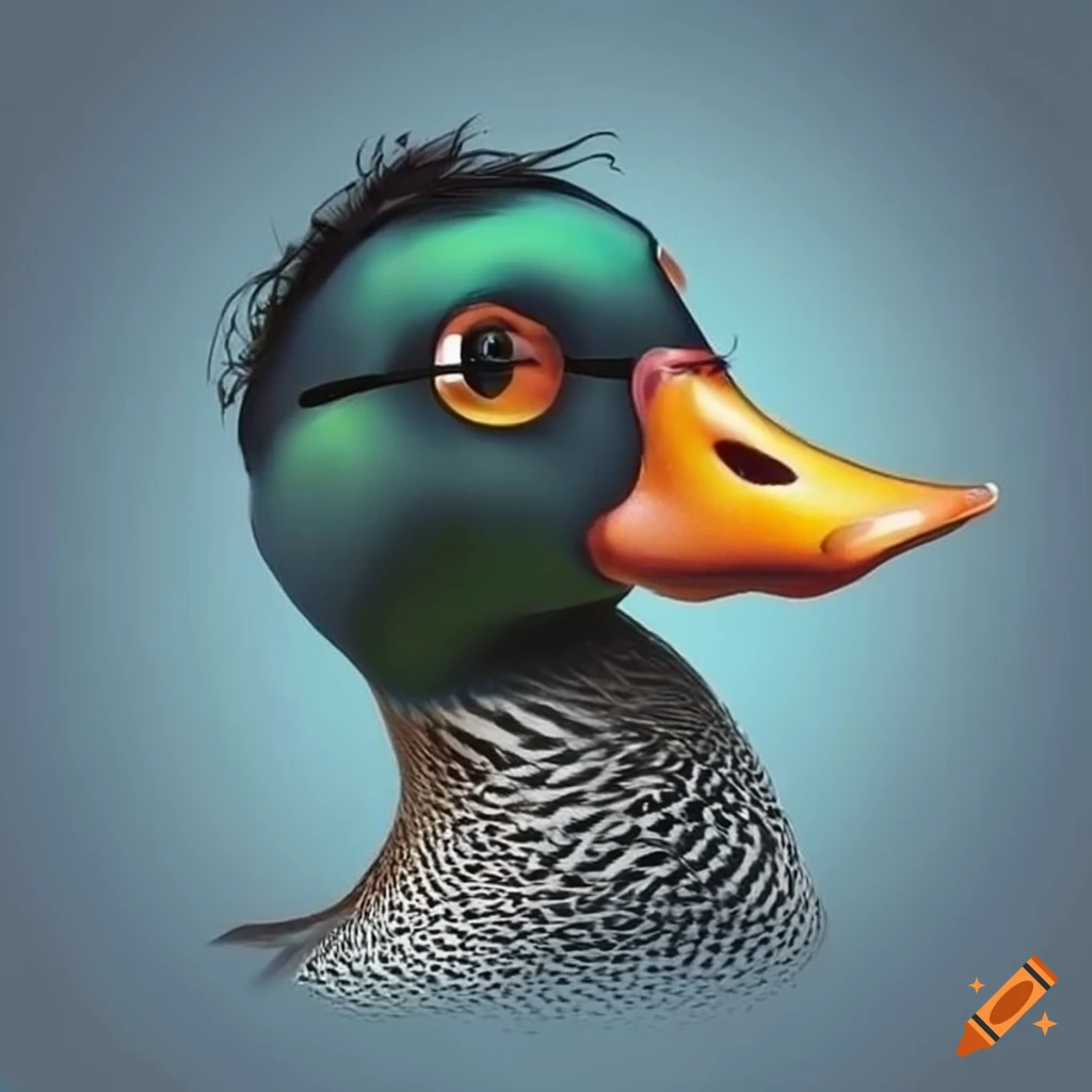 Duck with long black hair and glasses on Craiyon