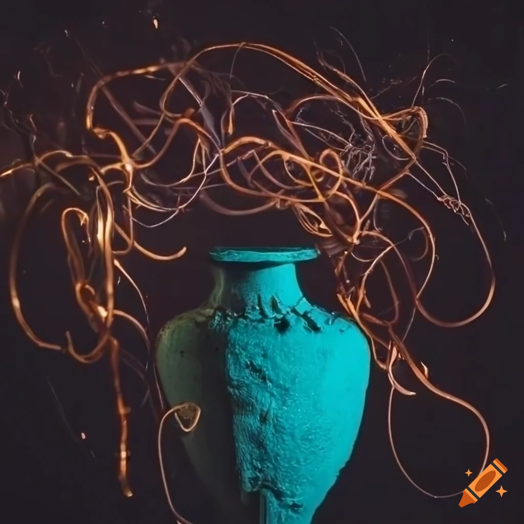 Rustic ceramic urn with colorful electric cables connected to a modular ...
