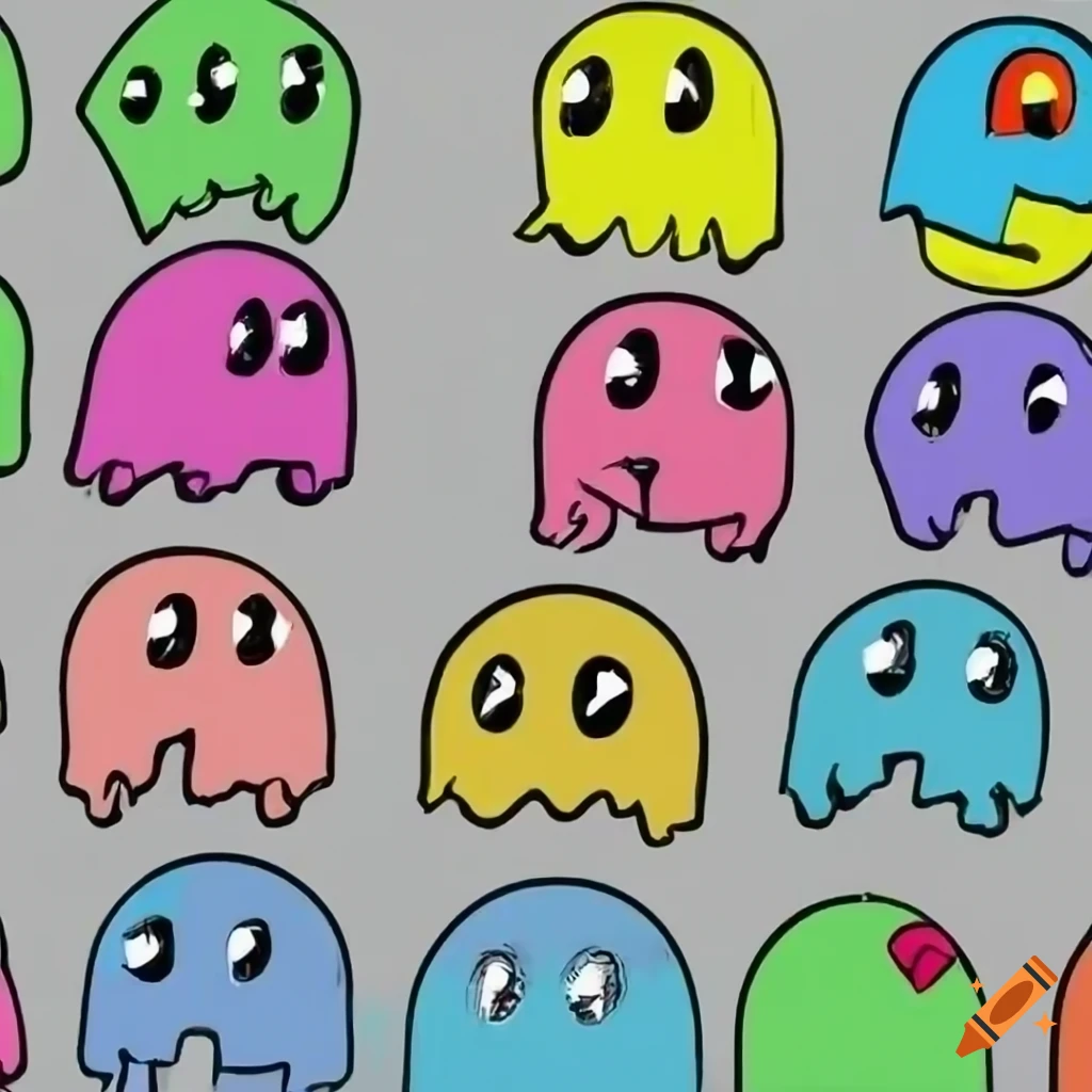 Retro wireframe Pac-Man ghost characters in bright colors on Craiyon