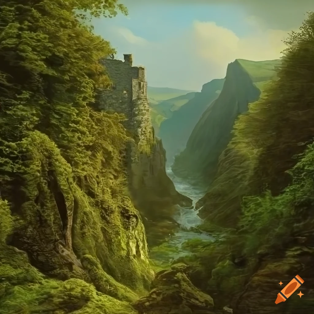 Aerial view of vast castles and ruins in a lush forest with rocky cliffs in a northern nature ...
