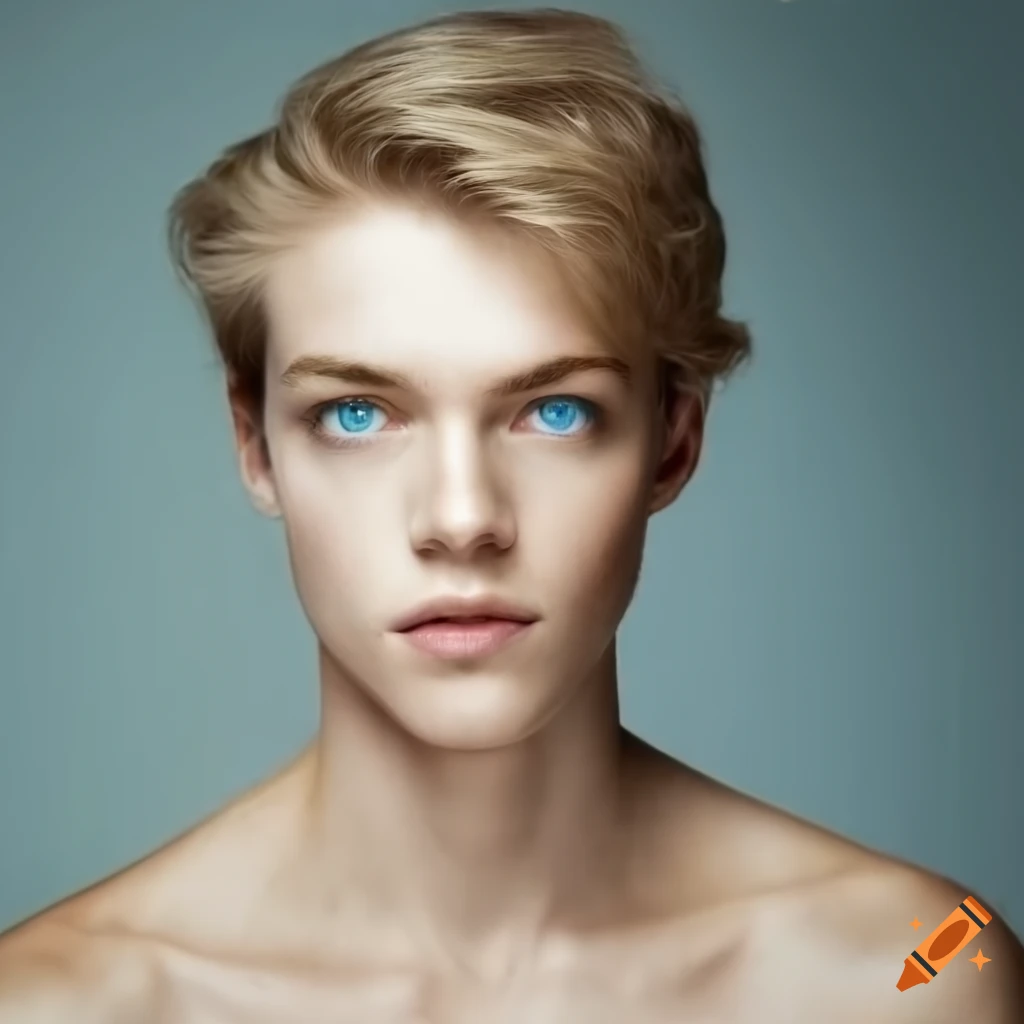 Portrait of a beautiful young man with pale skin, caramel blonde hair ...