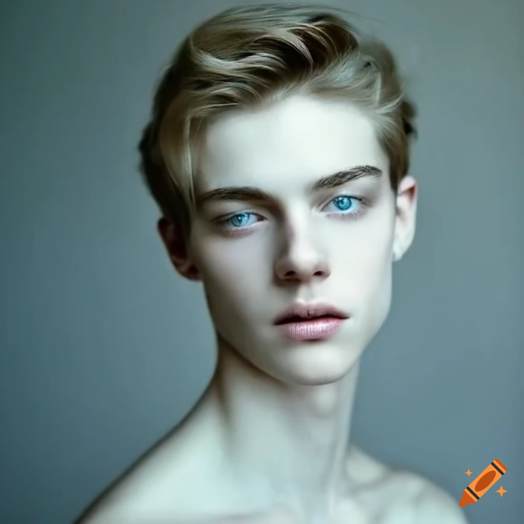 Portrait of an ethereal young man with pale skin and blue eyes on Craiyon