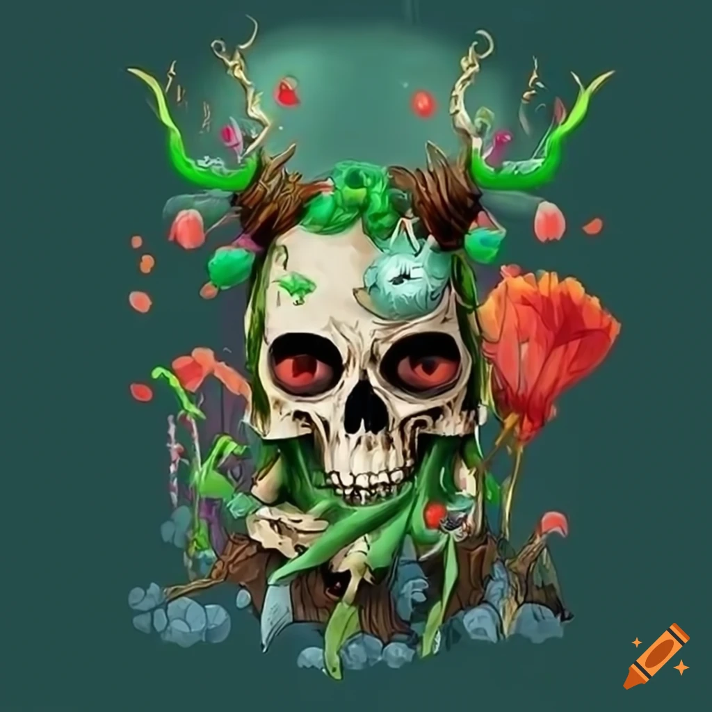 Skull druid shaman surrounded by plants and poppies on Craiyon