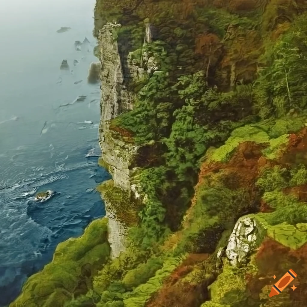 Top-down view of vast overgrown castles and ruins in a lush forest with rocky cliffs on Craiyon