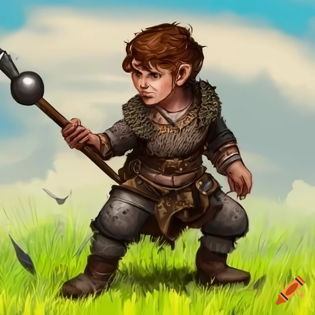 Stout halfling monk with mace in cloth armor ready for battle on Craiyon