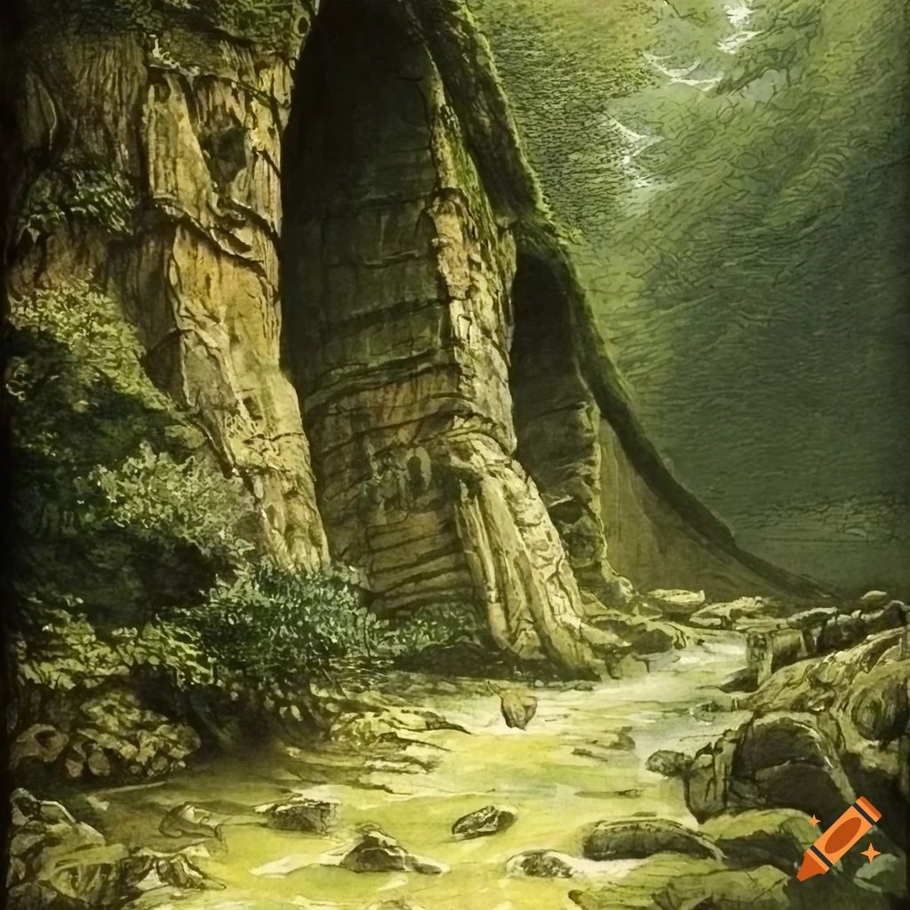 Ancient colossal bridge overgrown with lush forest and rocky cliffs in a northern nature setting ...