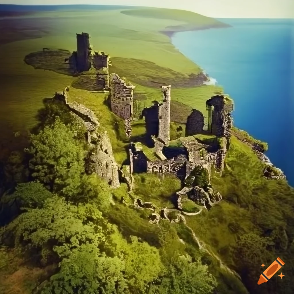 Top-down view of vast overgrown castles and ruins in a lush forest with rocky cliffs on Craiyon