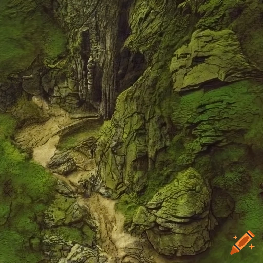 Bird's eye view of vast overgrown castles and ruins in lush forest with rocky cliffs on Craiyon