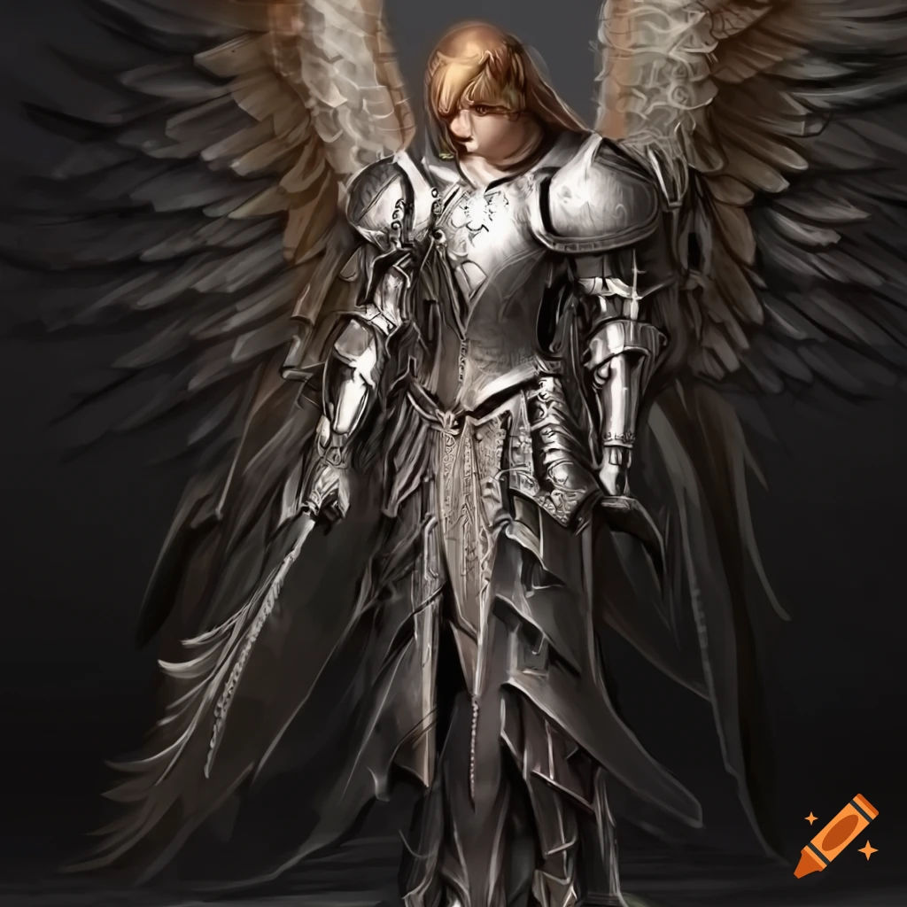 Divine angel in modern imposing armor with massive wings on Craiyon