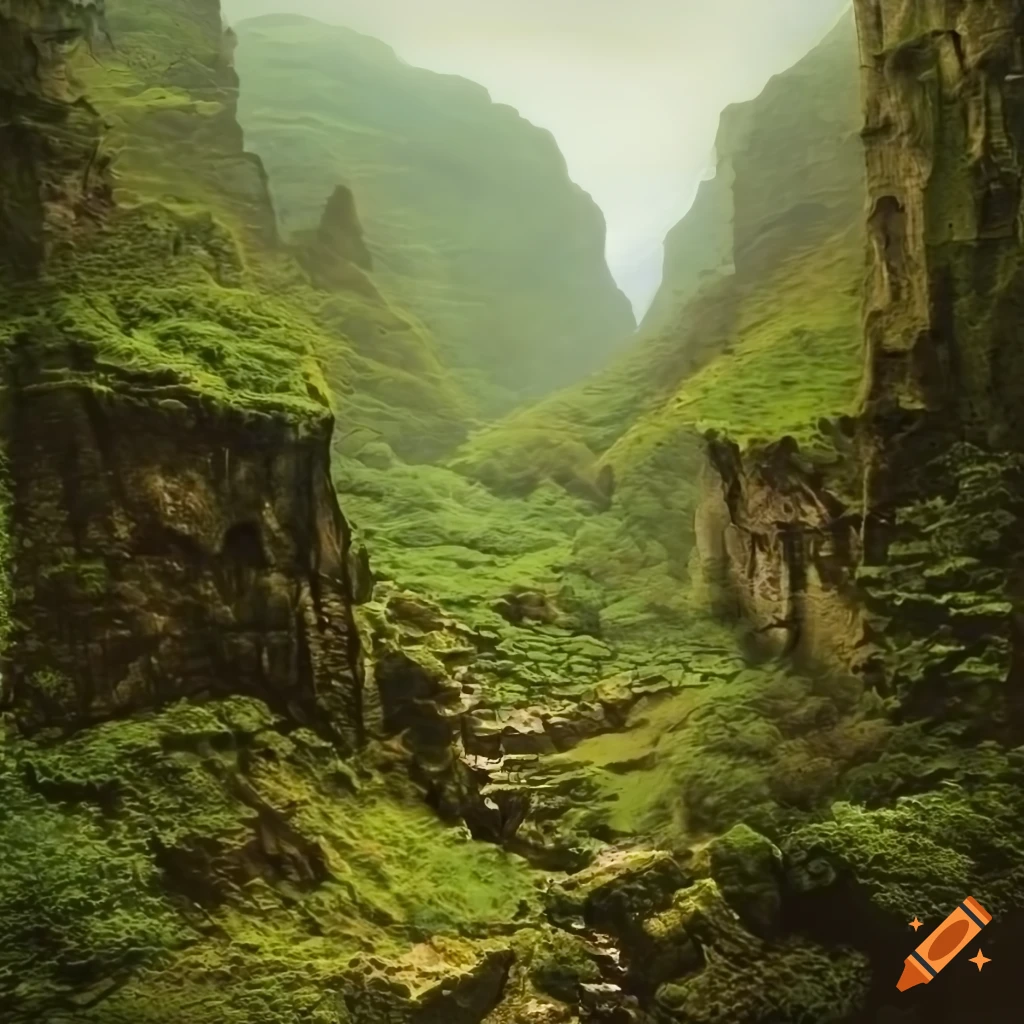 Bird's eye view of vast overgrown castles and ruins in lush forest with rocky cliffs on Craiyon