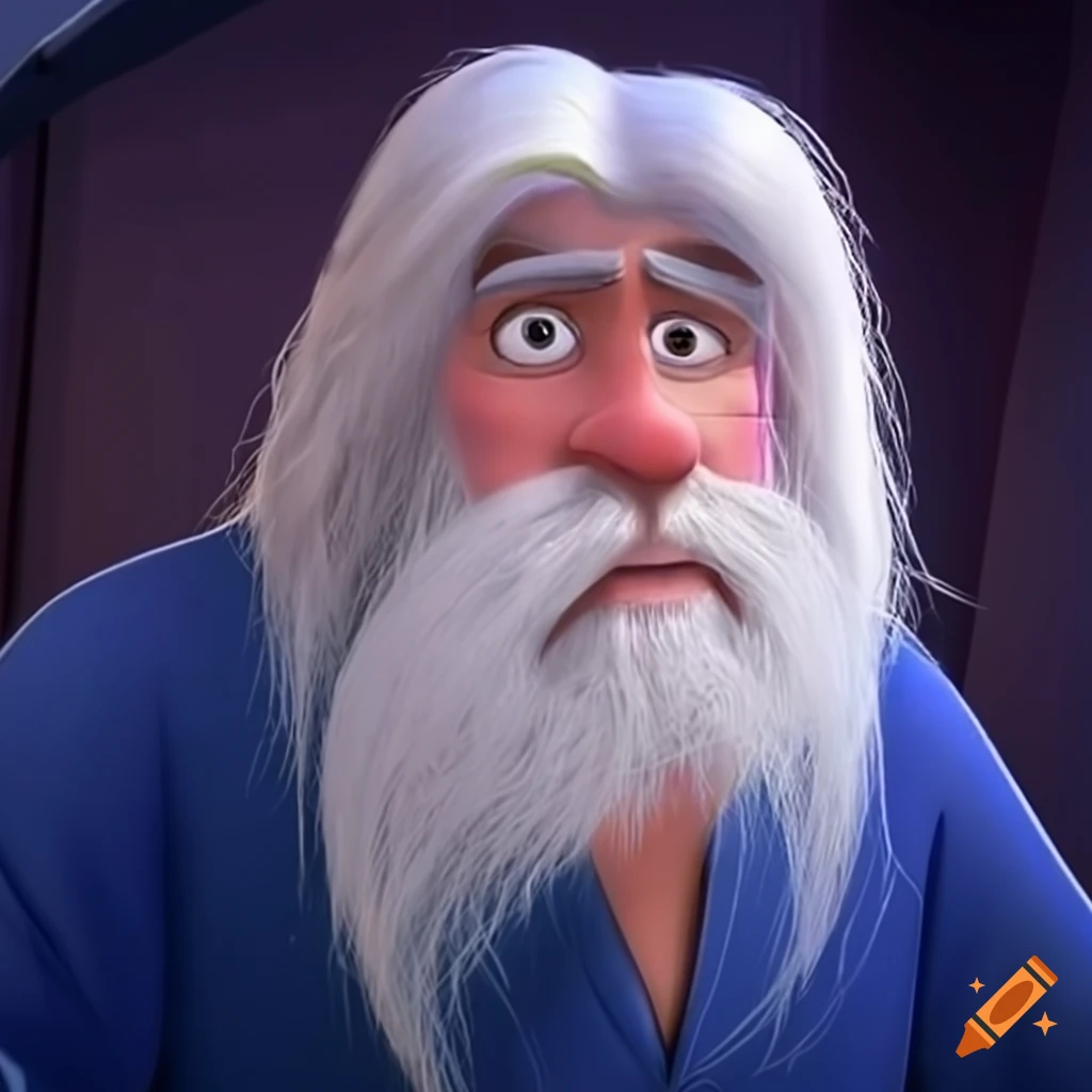 Highly detailed Pixar-style male character named H, a wise old sage ...