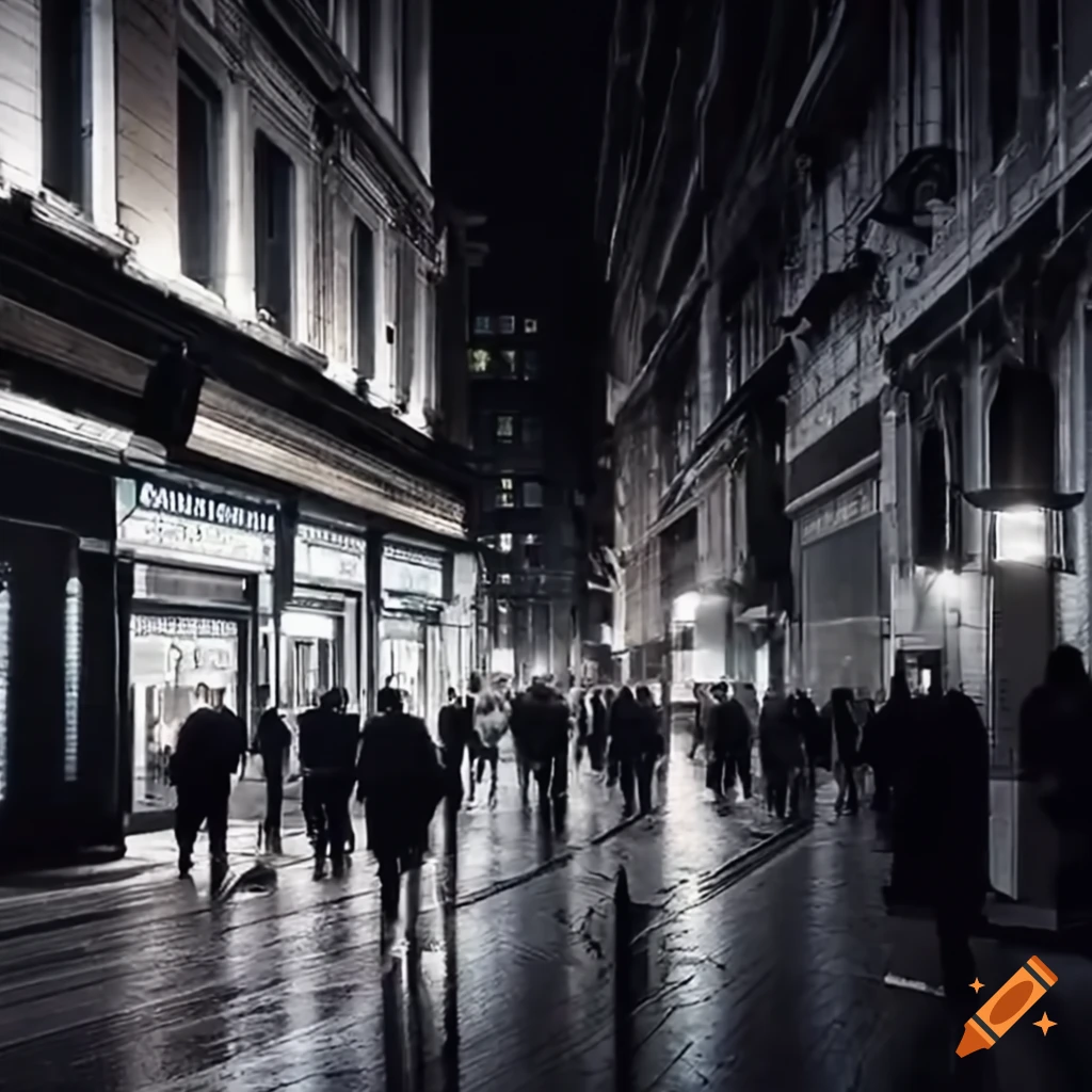 Bustling cityscape at dawn with a focus on a bank and people on Craiyon