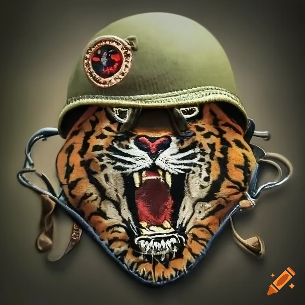 Vintage military motorcycle club patch with roaring tiger and WW2 helmet on Craiyon