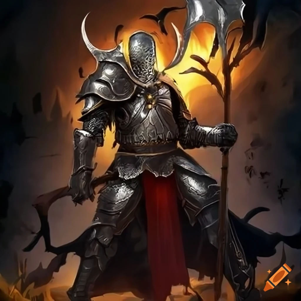 Brave knight with a halberd pushing enemies back in battle in a fantasy ...