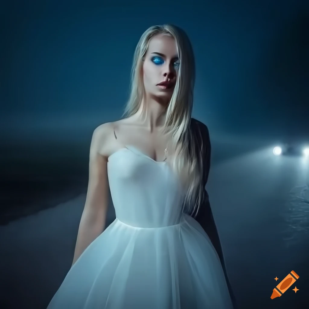 Beautiful blonde woman in a translucent white dress under a full moon ...
