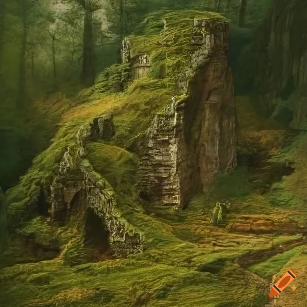 Top-down view of vast castles and ruins in lush forest with meandering paths and rocky cliffs on ...