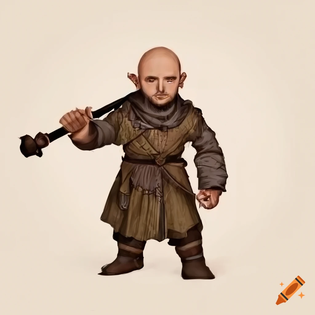 Stout halfling monk character armed with a mace in a grass field on Craiyon