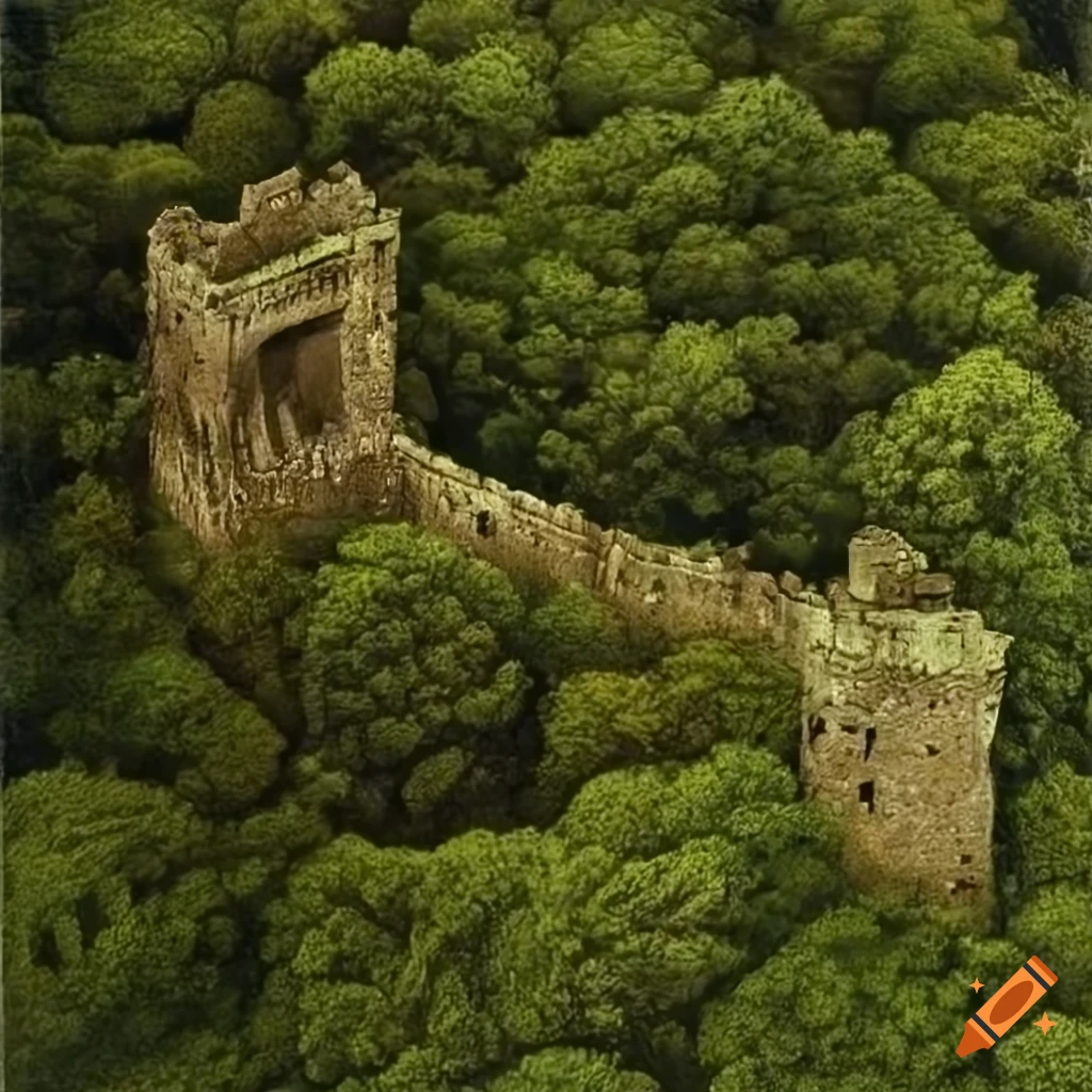 Top-down view of vast castles, ruins, overgrown paths, lush forests, and rocky cliffs in a ...