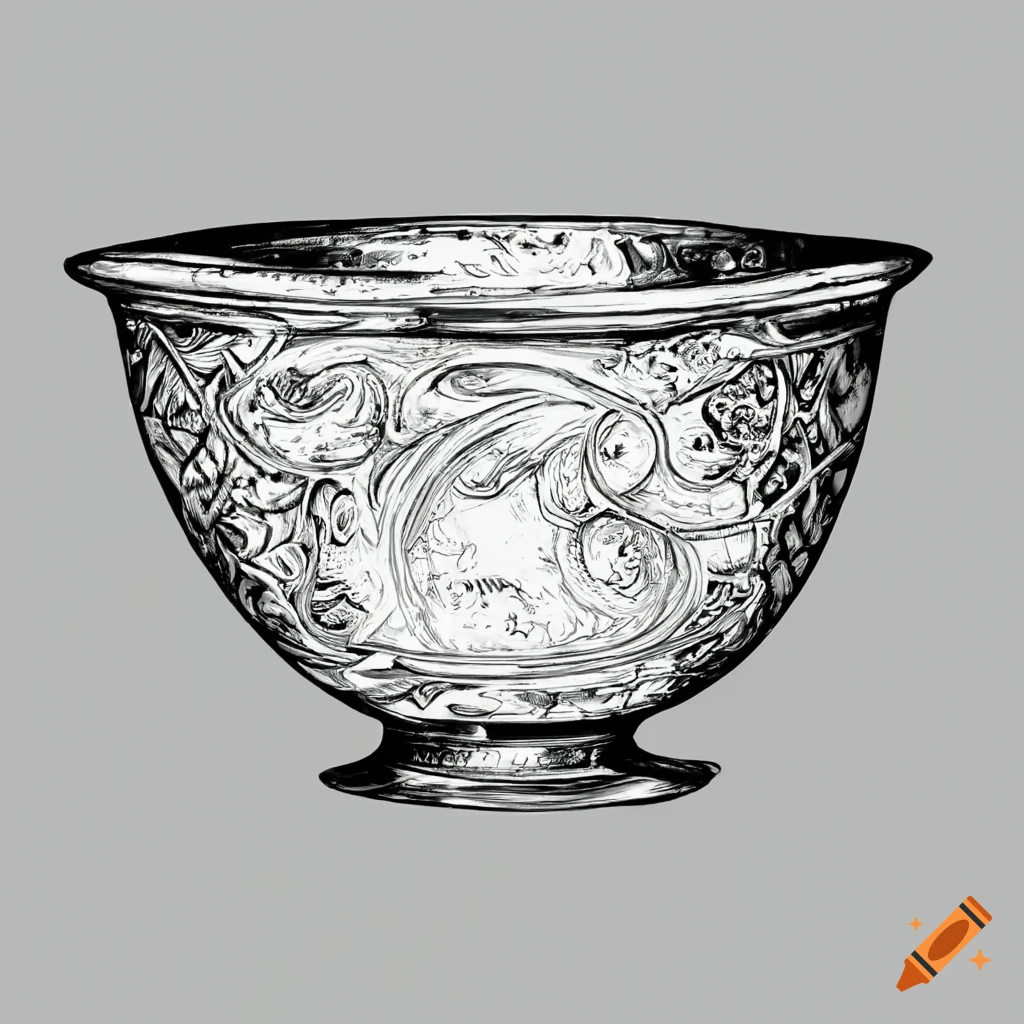 Silver mixing bowl with etched runes in a fantasy art style on Craiyon