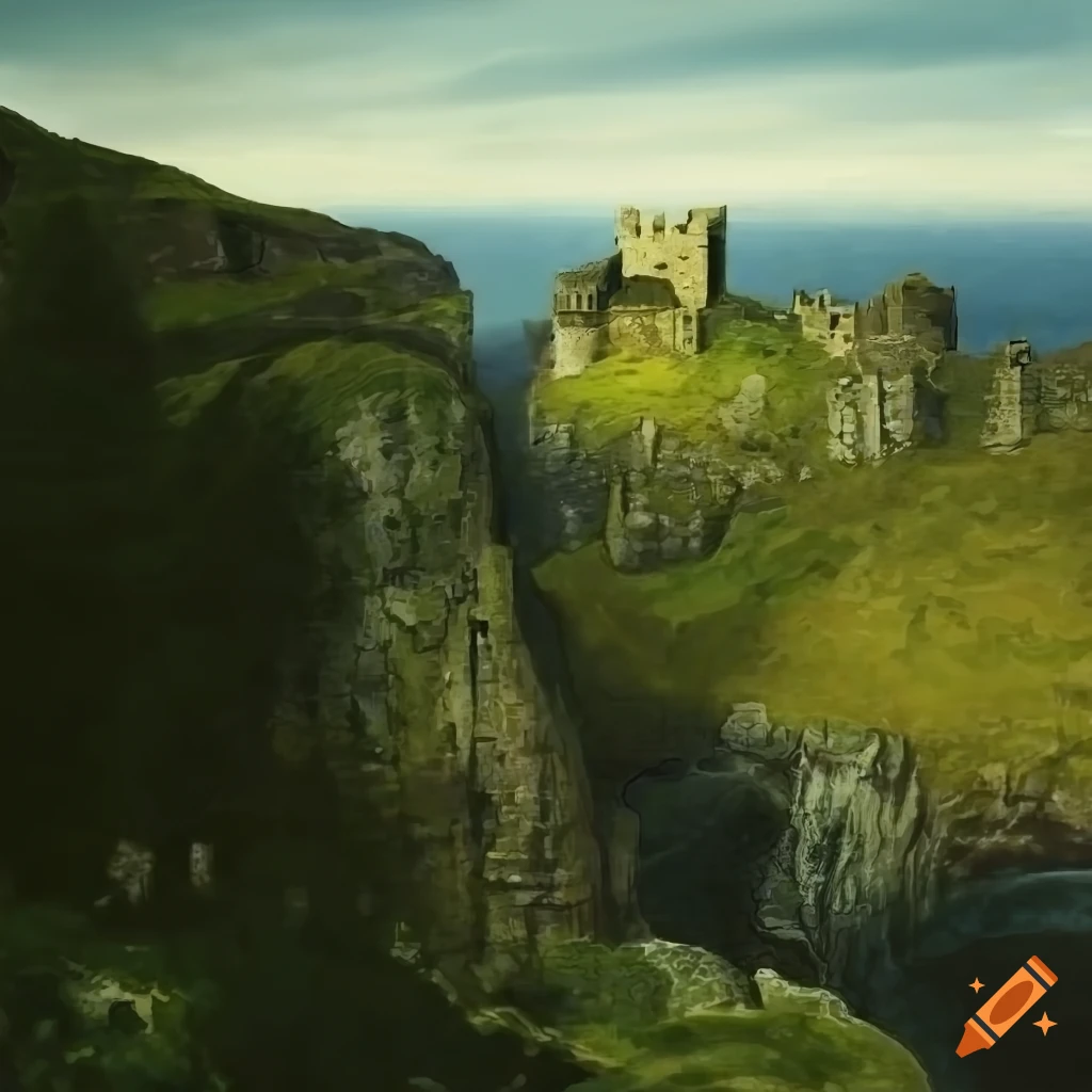 Top-down view of vast overgrown castles and ruins in a lush forest with rocky cliffs on Craiyon