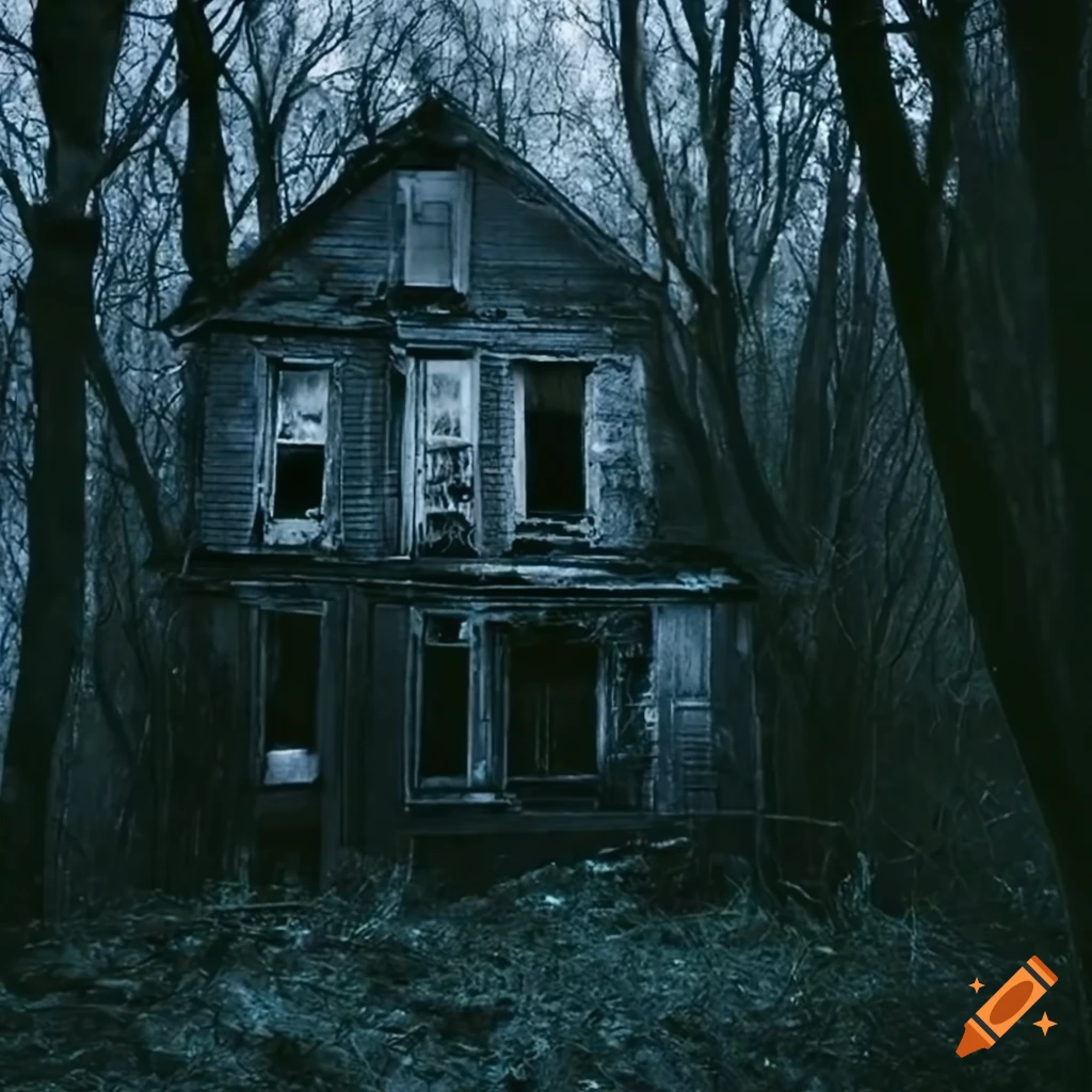 Abandoned dilapidated house in a dark, eerie forest setting on Craiyon