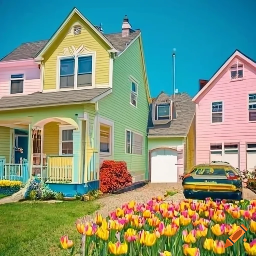 Dreamcore suburban neighborhood with pastel houses and giant flowers on ...