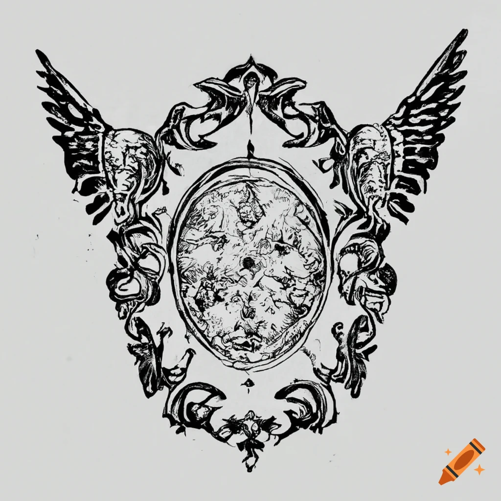 Minimalistic ink drawing of gothic emblem with fallen angels in ...